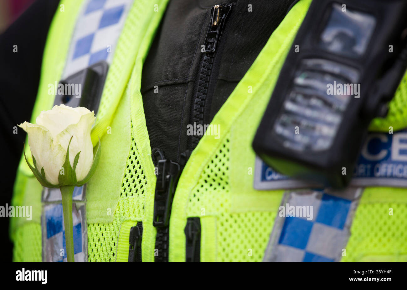 A police officer wears a white rose as he attends a gathering in Batley ...