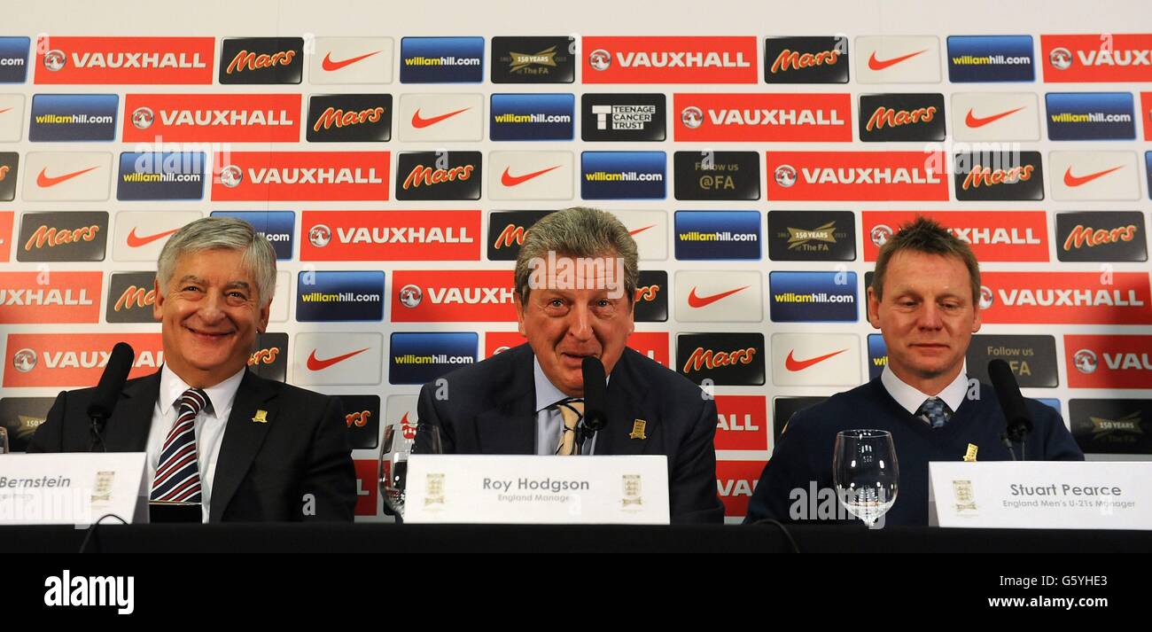 England manager Roy Hodgson (centre), England U21 manager Stuart Pearce ...