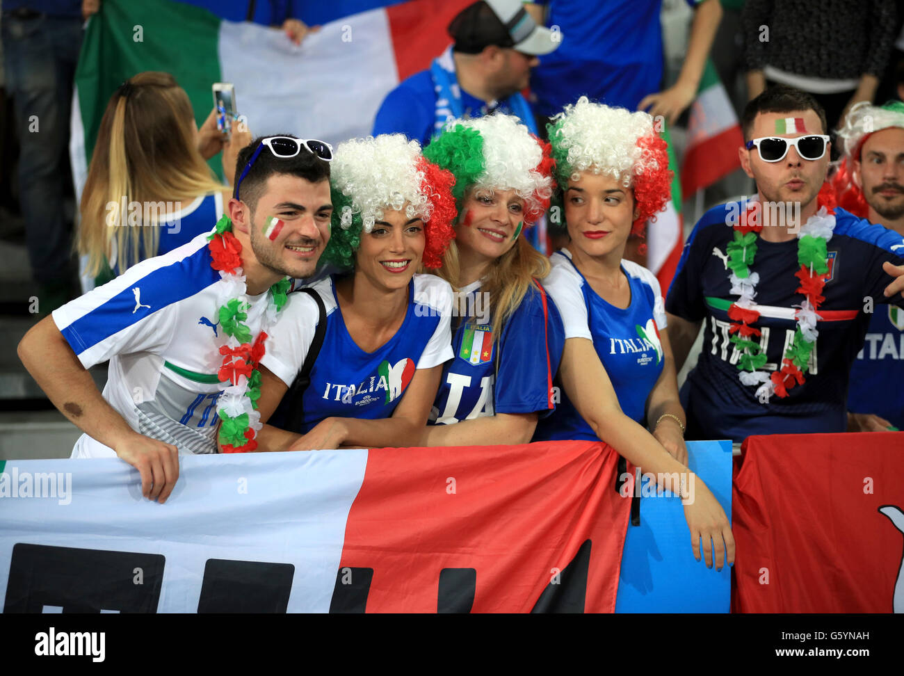 Italy fans cheer on their side in the stands before the Euro 2016 ...
