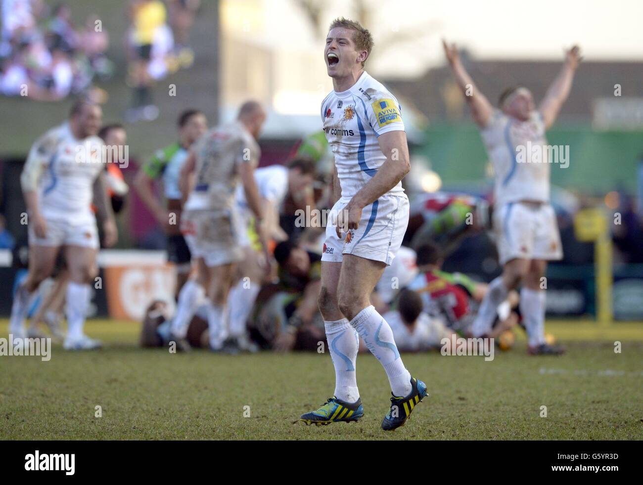 Exeter's Gareth Steenson (centre) celebrates during the Aviva ...