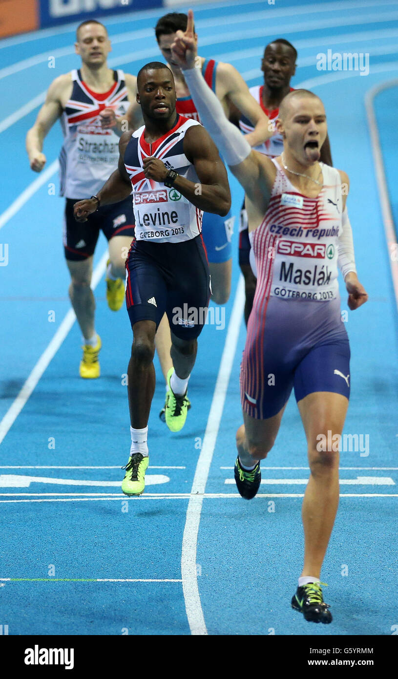 Great Britain's Nigel Levine (centre) finishes second behind Czech ...