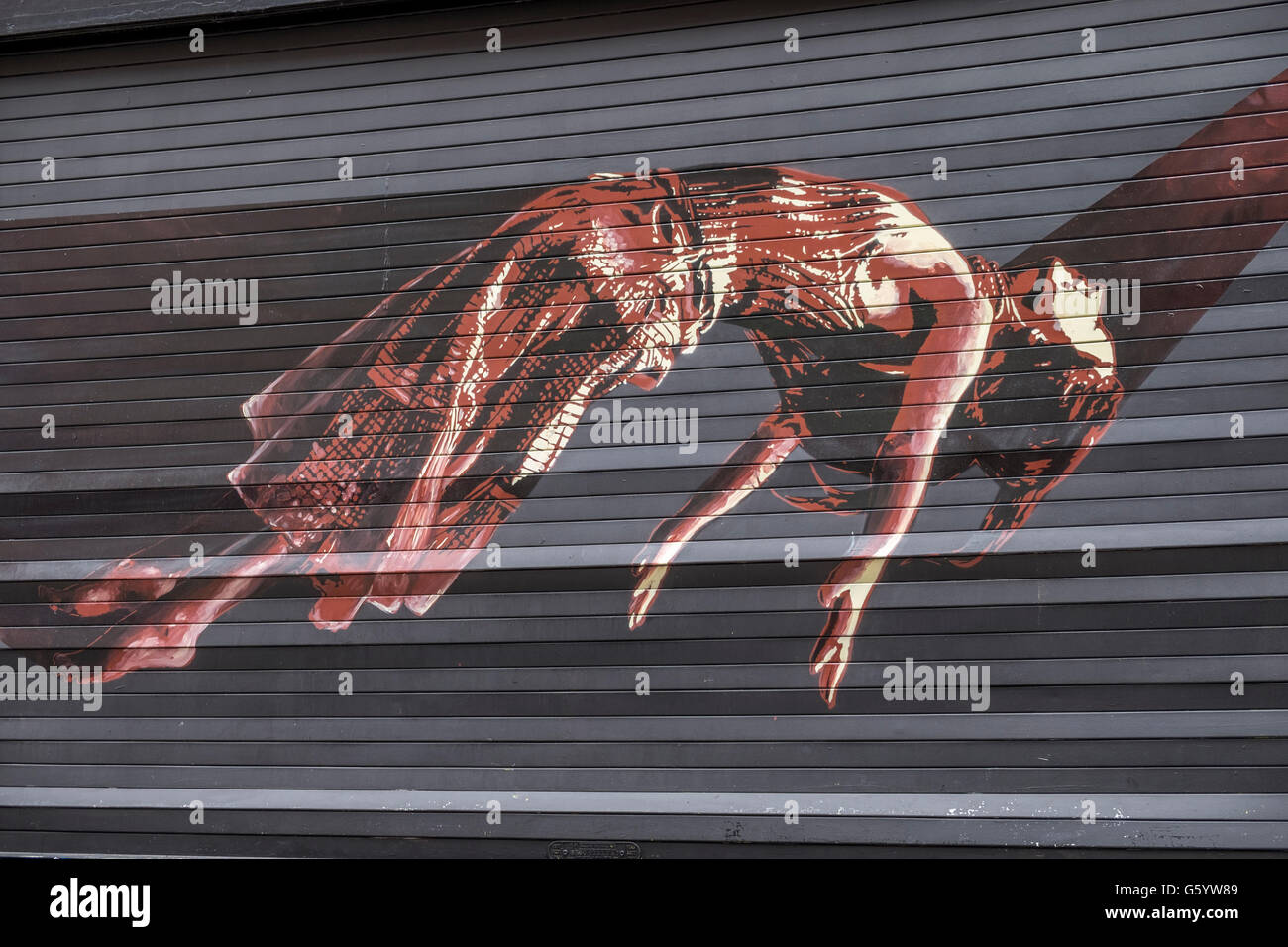 A wall art painting of a lady floating through the air on the metal ...