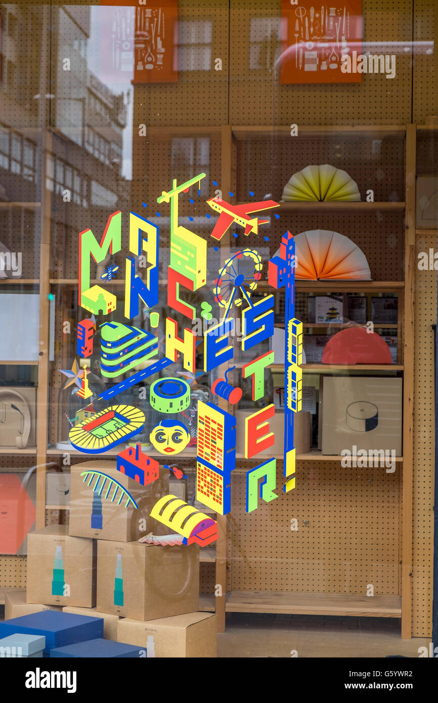 Fancy letters on a shop window spelling the word Manchester Stock Photo ...