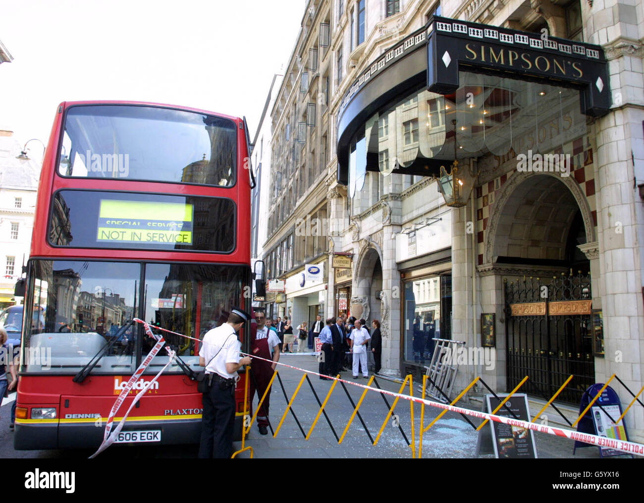 Simpsons in the Strand - bus collision Stock Photo - Alamy