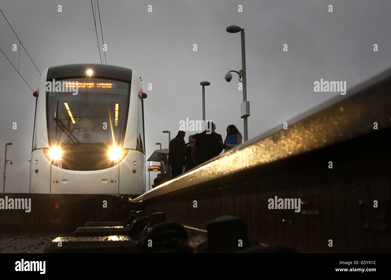 A tram takes a trip along the first section of the Edinburgh tram route ...