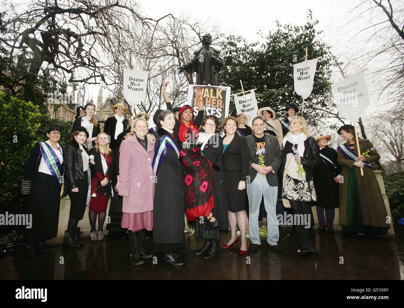 (Centre left to right) Helen Pankhurst (in black wearing blue sash, the ...