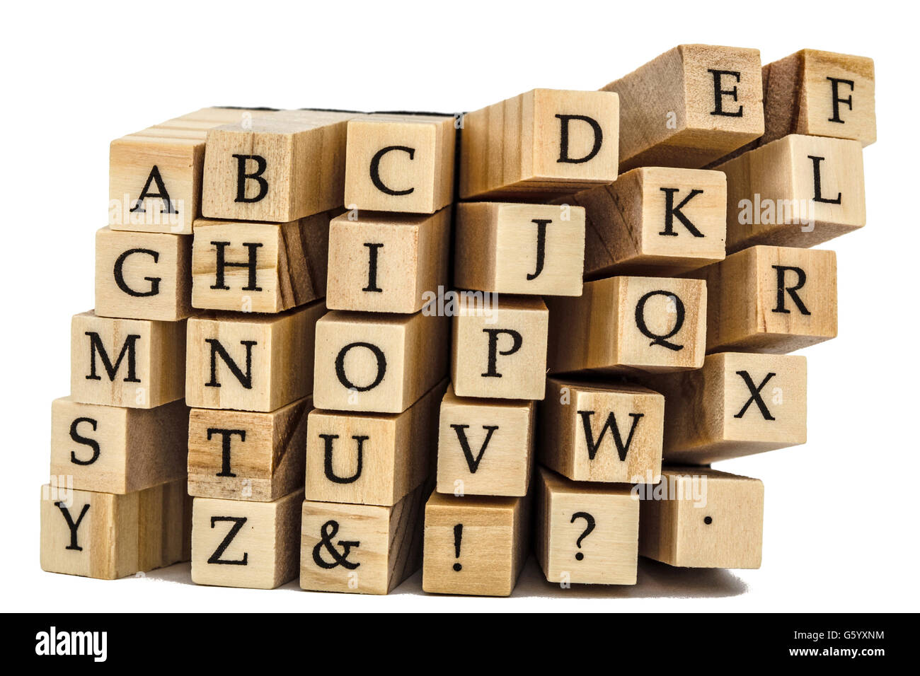 Letters of the English alphabet on the ends of wooden bars, isolated on ...