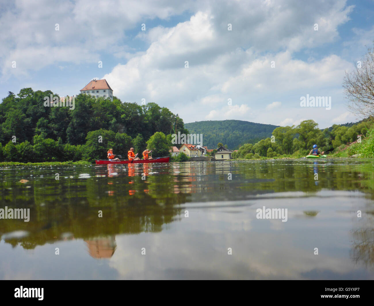 river Regen, Stefling Castle, paddlers, Nittenau, Germany, Bayern ...