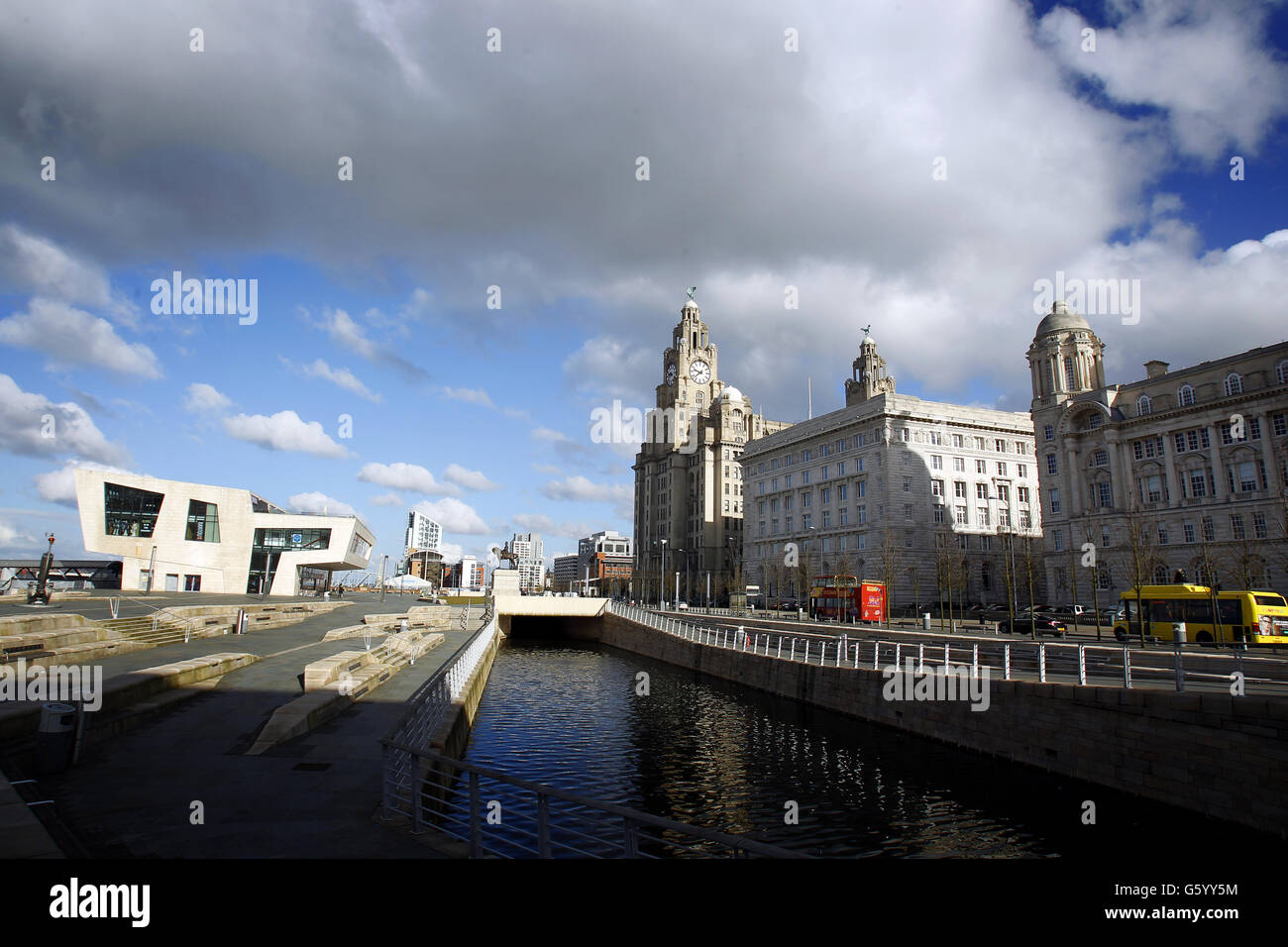 The sun shines on The famous Liver buildings on the waterfront in ...