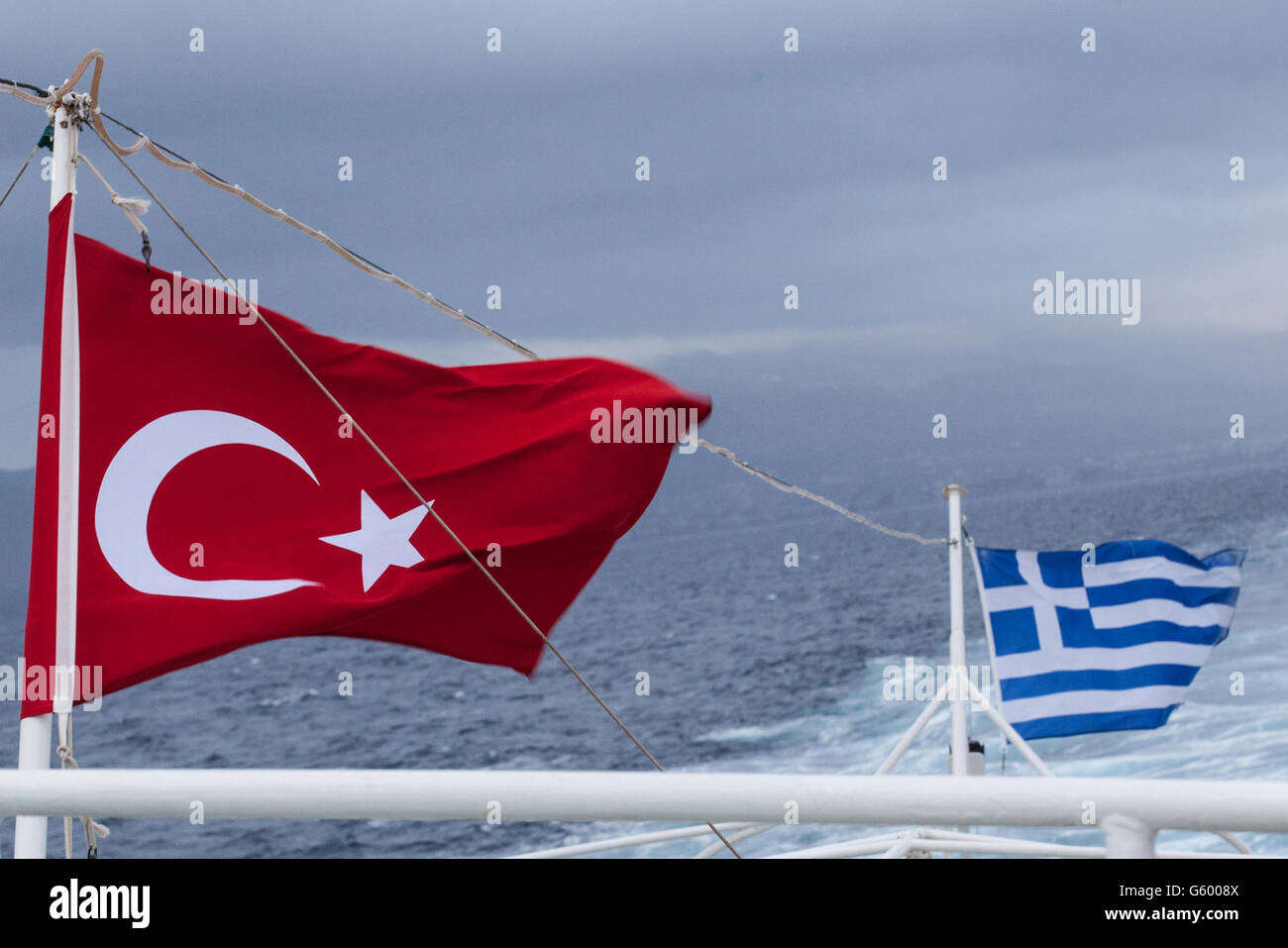 Turkish and Greek flags with the sea Stock Photo - Alamy