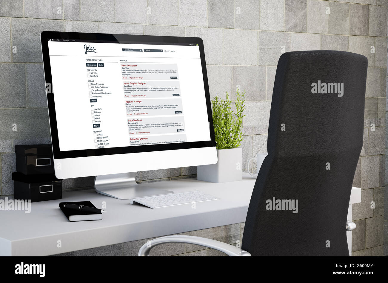 3d rendering of industrial workspace showing job search on computer ...