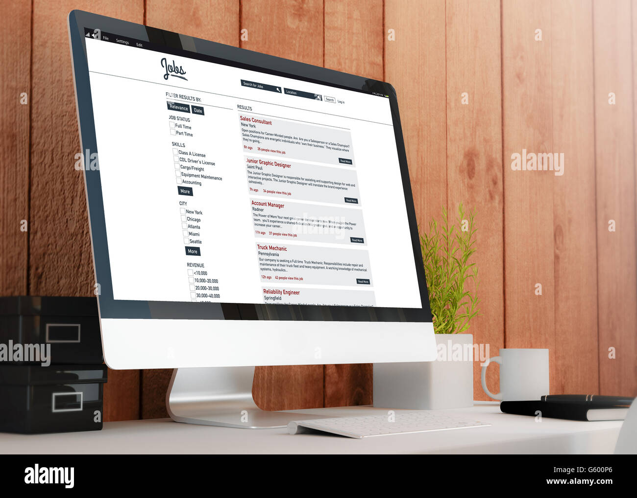 modern wooden workspace with computer job search. All screen graphics ...