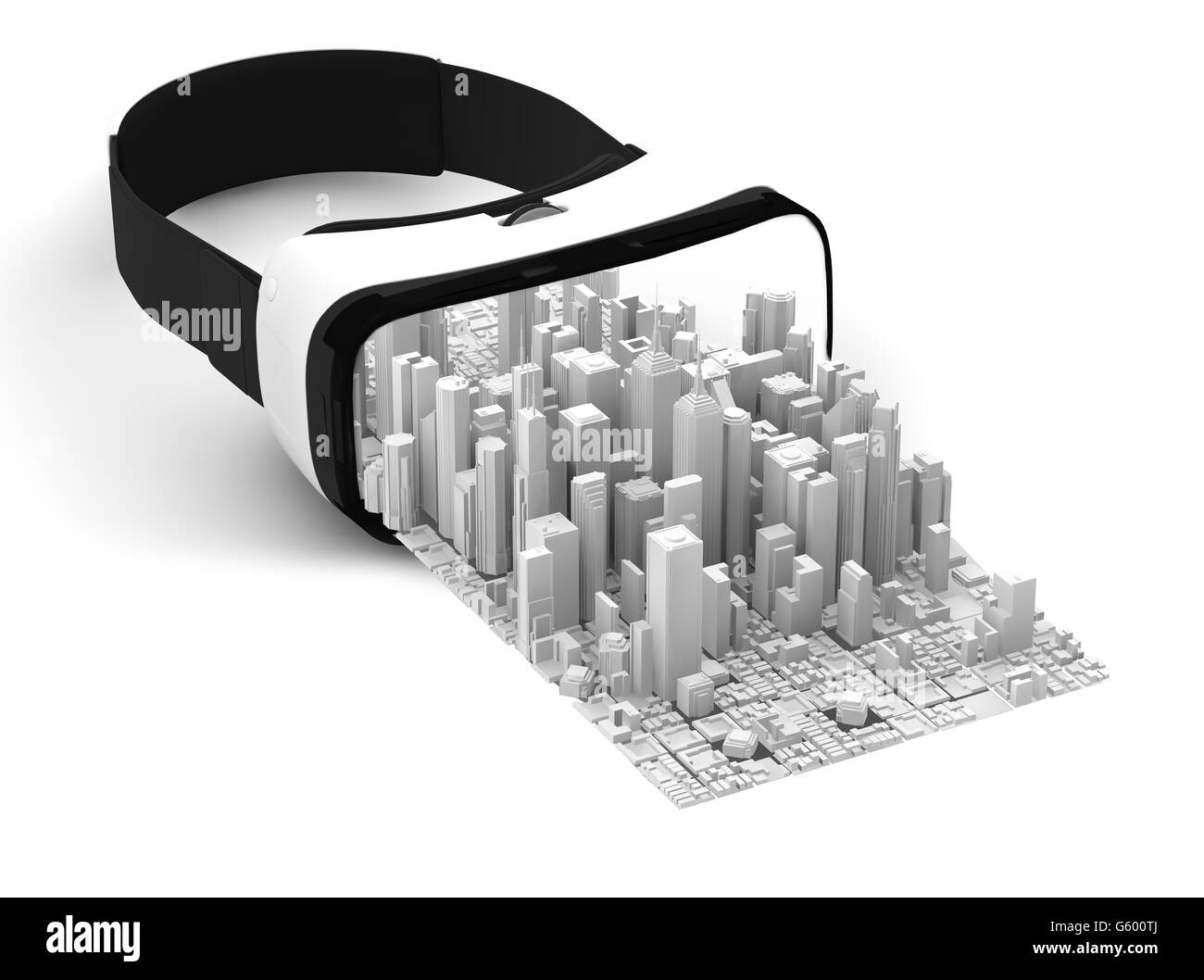 3d rendering of vr glasses isolated on white with white business city ...