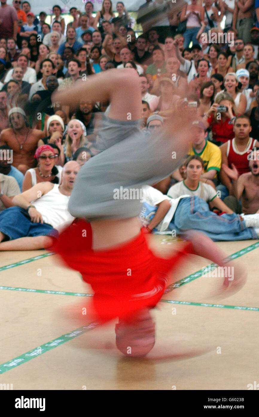 A break dancer performs sprite urban games 2002 hi-res stock ...