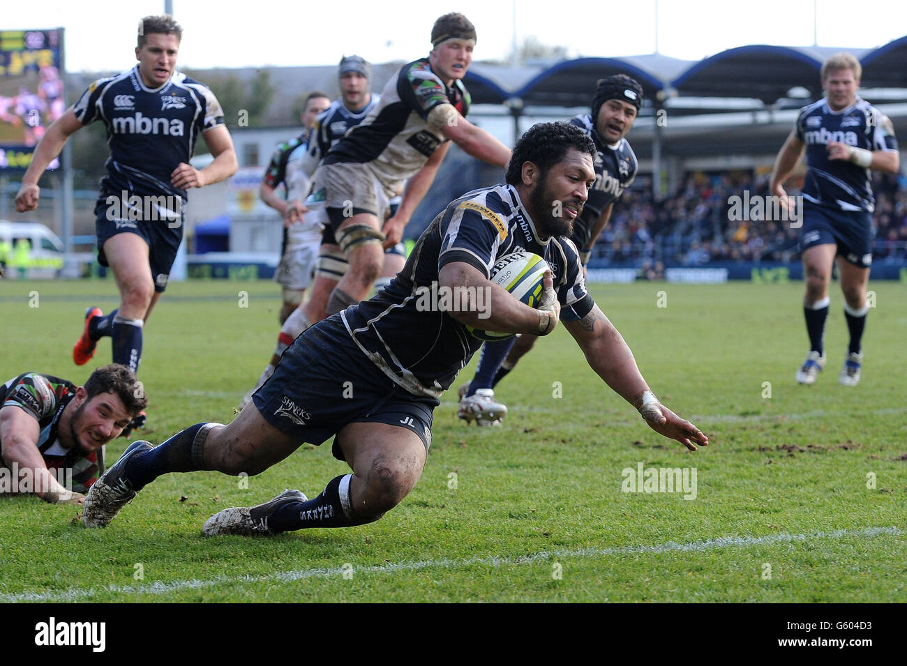 Sale Sharks' Johnny Leota scores a try in the LV=Cup Final at Sixways ...