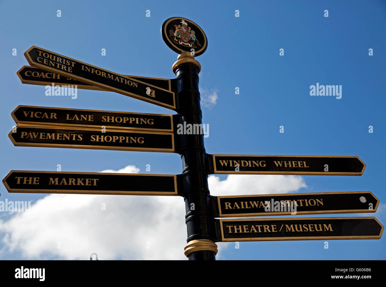 Town information sign under blue skies in Chesterfield UK Stock Photo ...