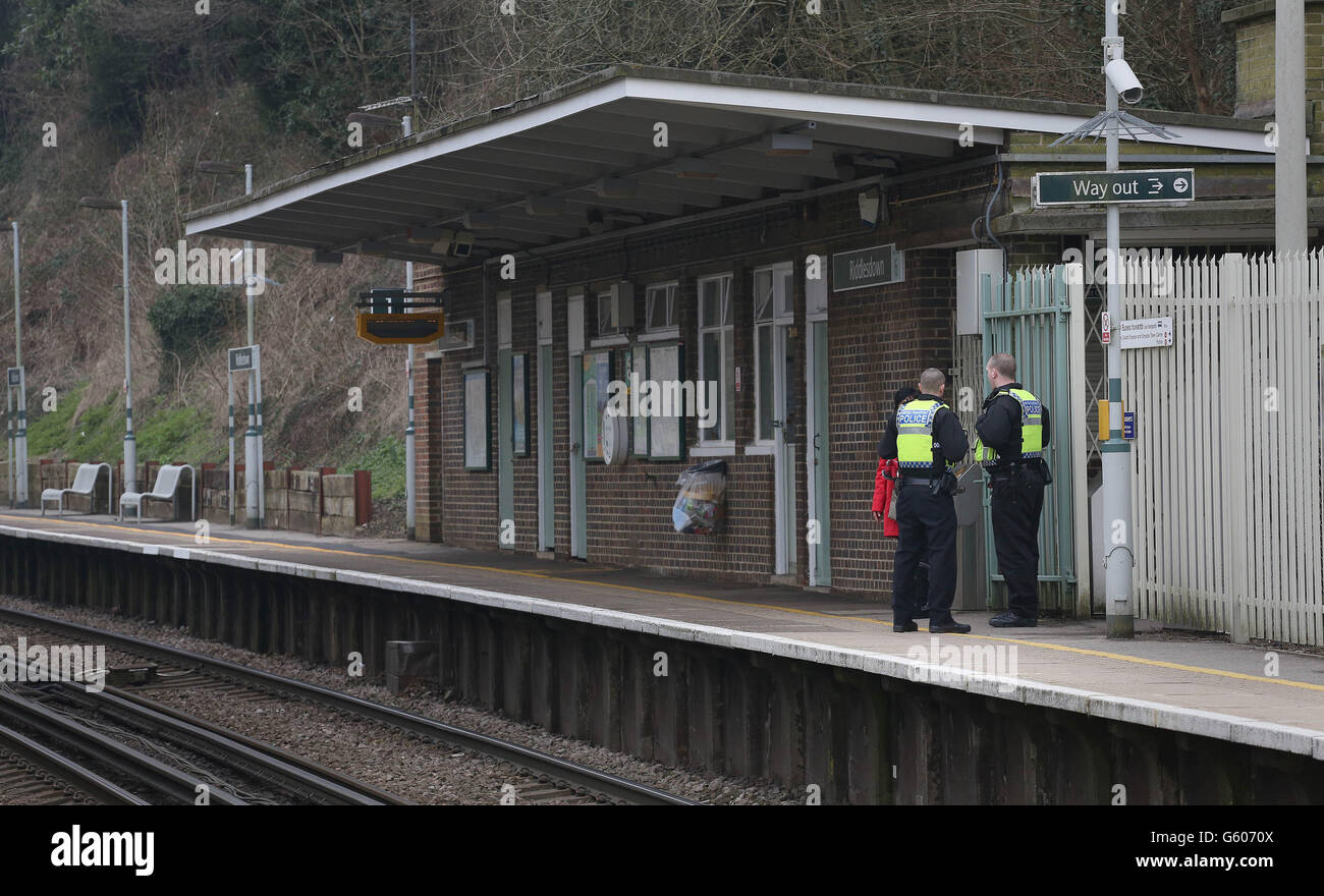 Police at Riddlesdown railway station near Purley, South London where a ...