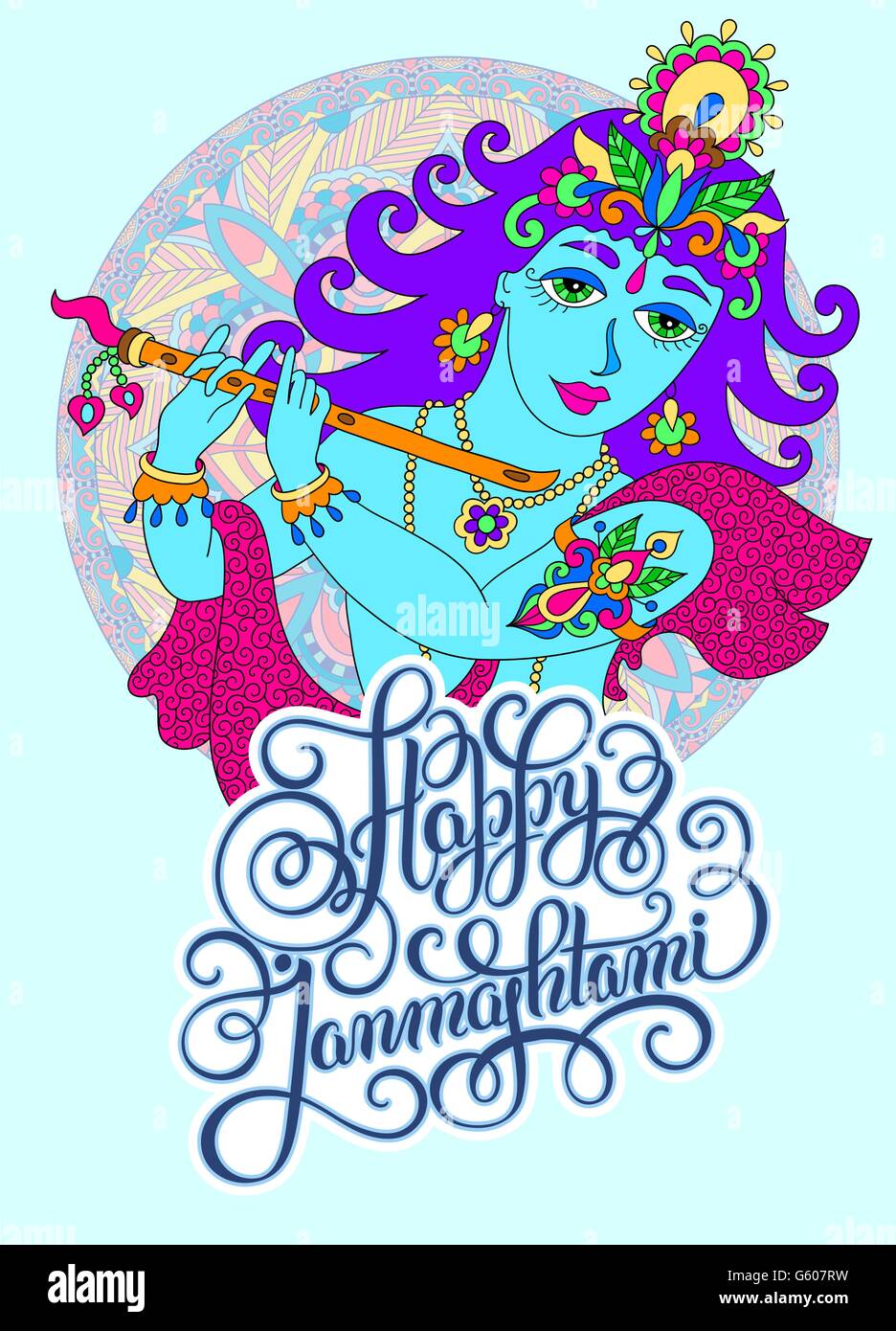 god lord Krishna with hand lettering inscription happy janmashtm Stock ...