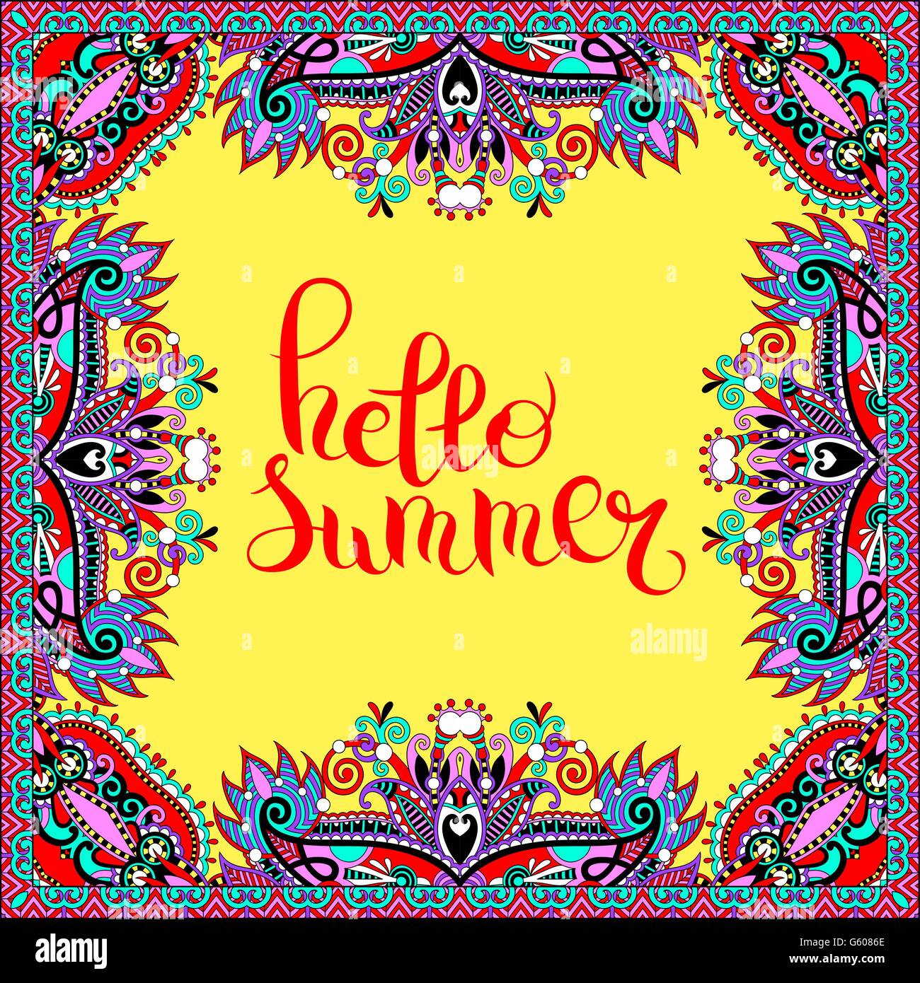 hello summer hand written lettering inscription on floral paisle Stock ...