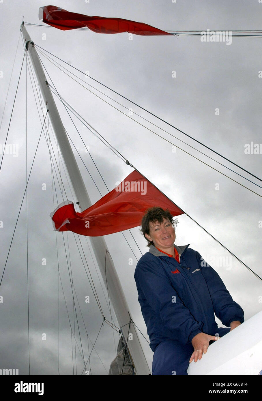 British Yachtswoman Tracy Edwards sits on her 110ft record-breaking ...