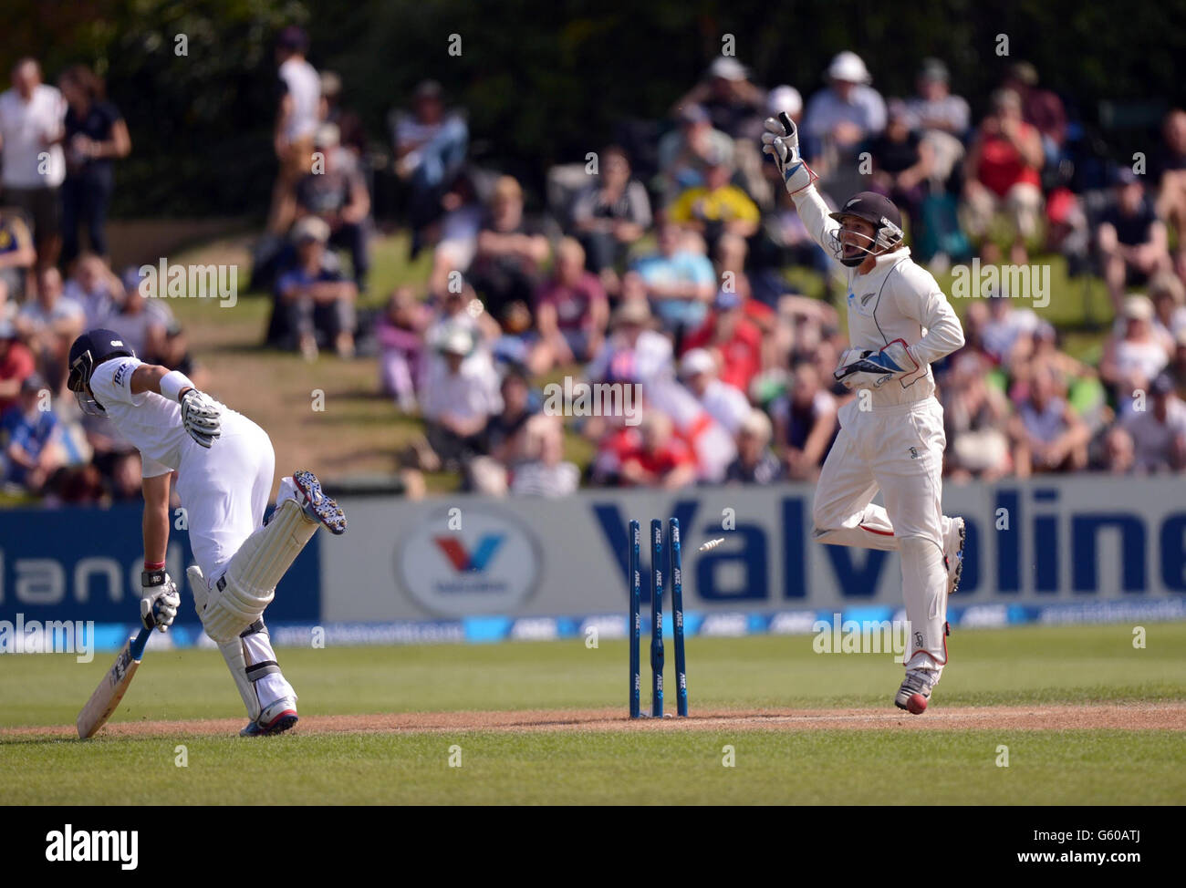 New Zealand's wicket keeper Bradley-John Watling (right) reacts as ...