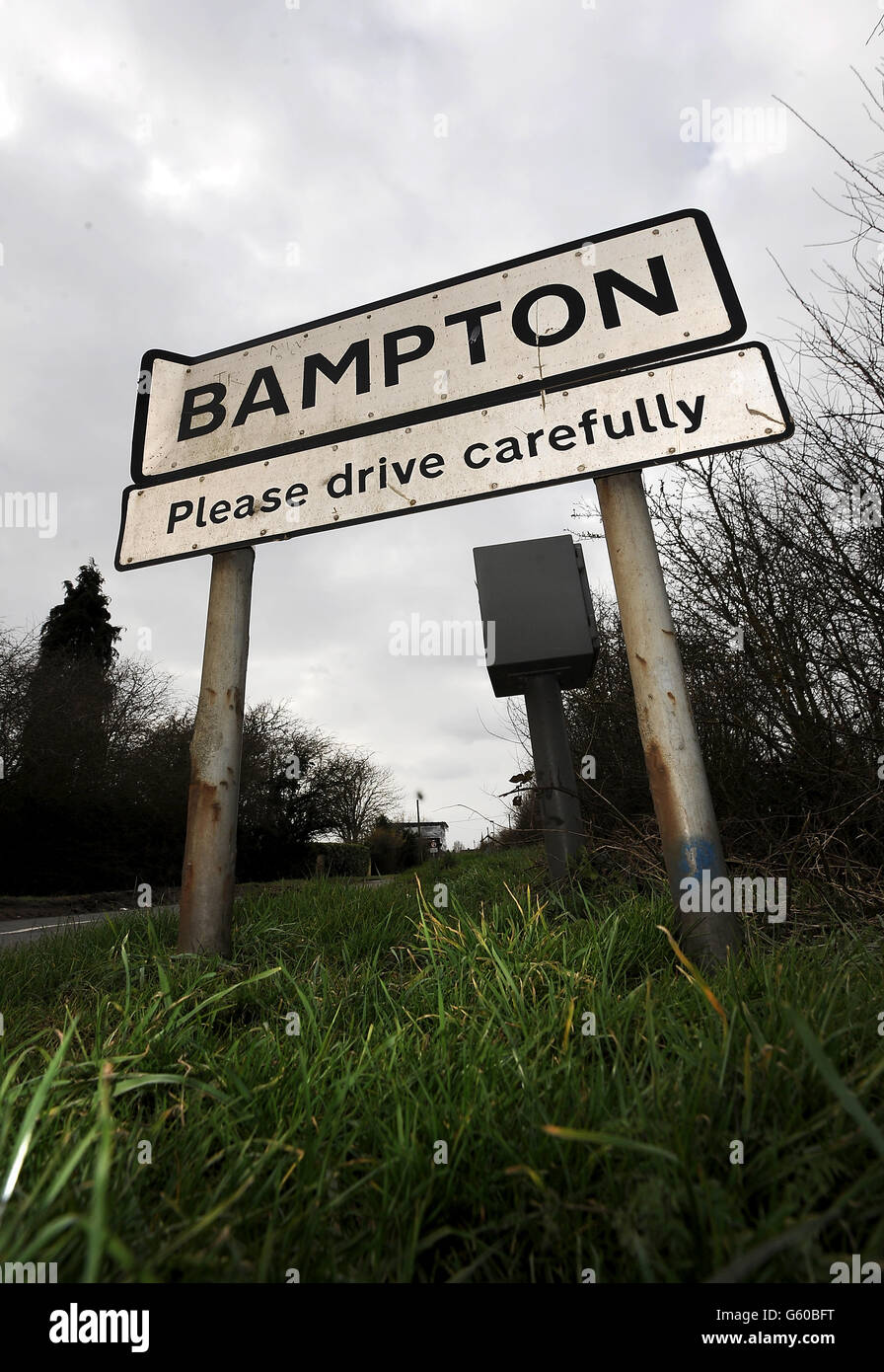 General view of a sign for Bampton Village in Oxfordshire. Bampton is ...