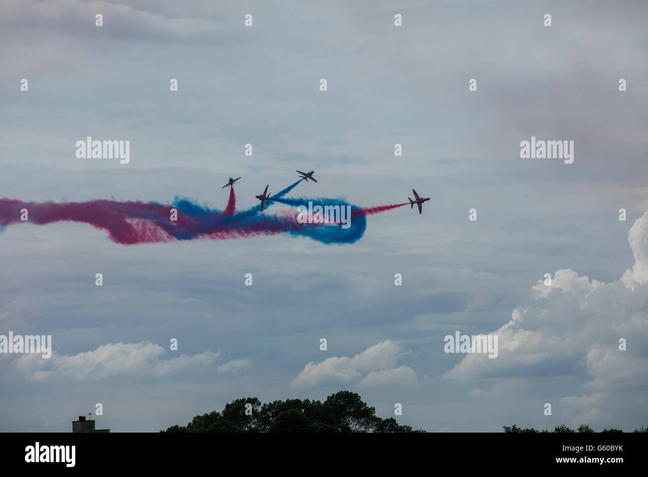 RAF Red Arrow hawk jets in formation in the sky at the Biggin Hill ...