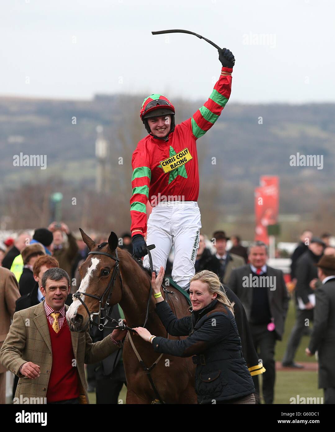 Jockey Ryan Hatch celebrates winning the Fulke Walwyn Kim Muir ...