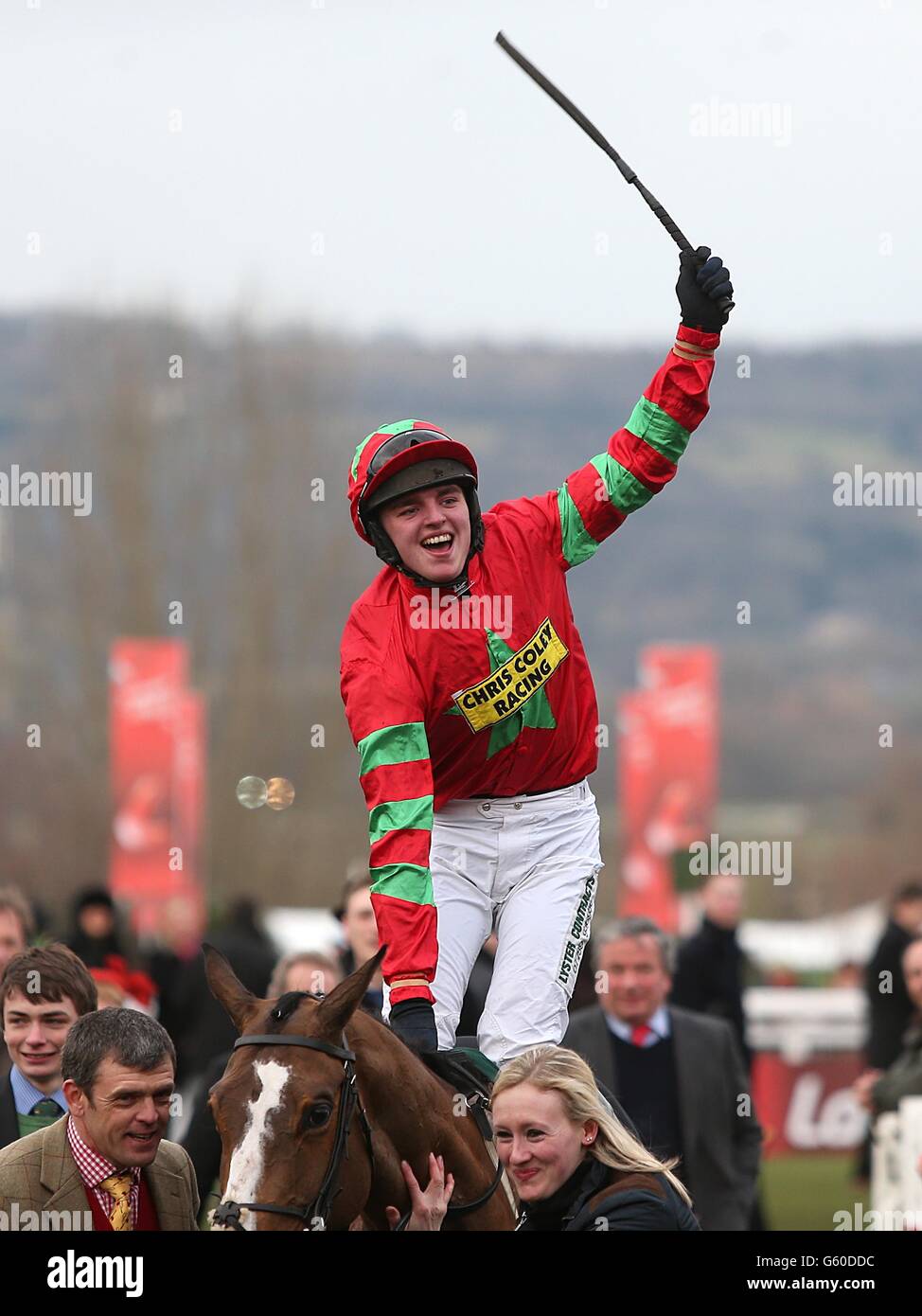 Jockey Ryan Hatch celebrates winning the Fulke Walwyn Kim Muir ...