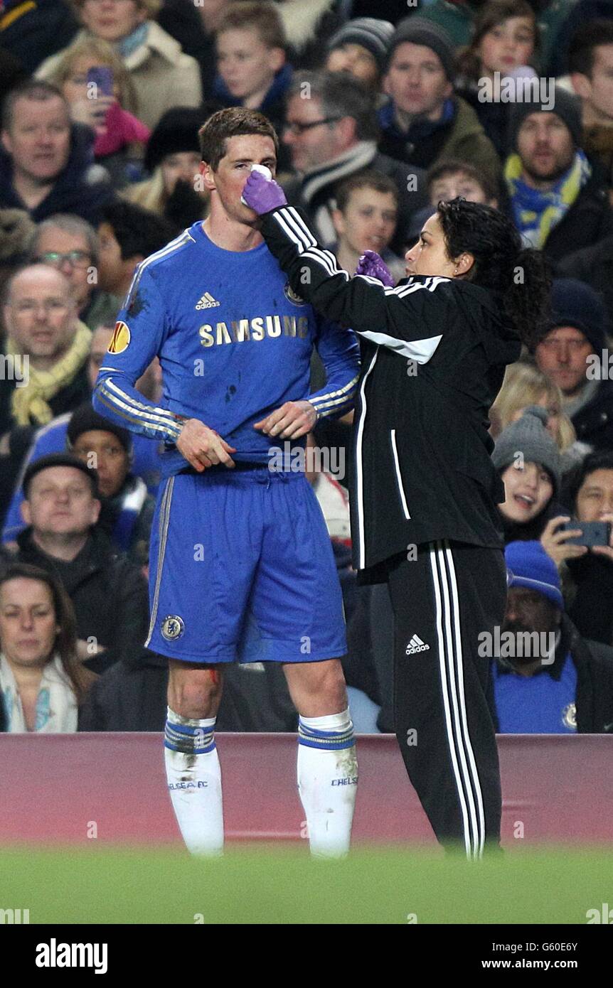 Chelsea's Fernando Torres is treated for a facial injury on the ...
