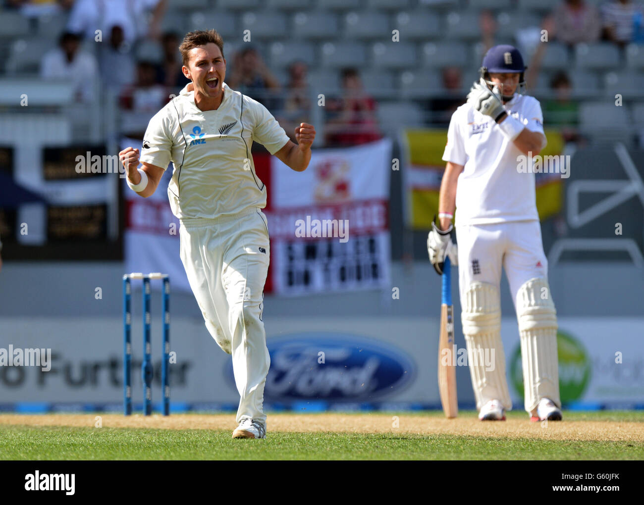 New Zealand's Trent Boult celebrates taking his sixth wicket after ...
