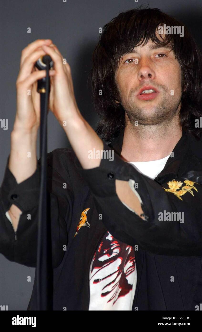 Bobby Gillespie lead singer of Primal Scream, performing on the V Stage ...