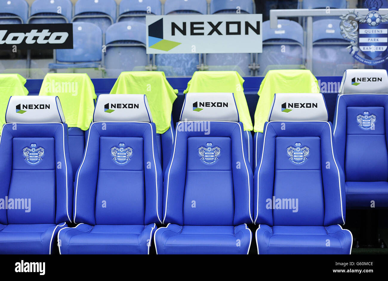 Nexon branding on the bench at loftus road hi-res stock photography and ...