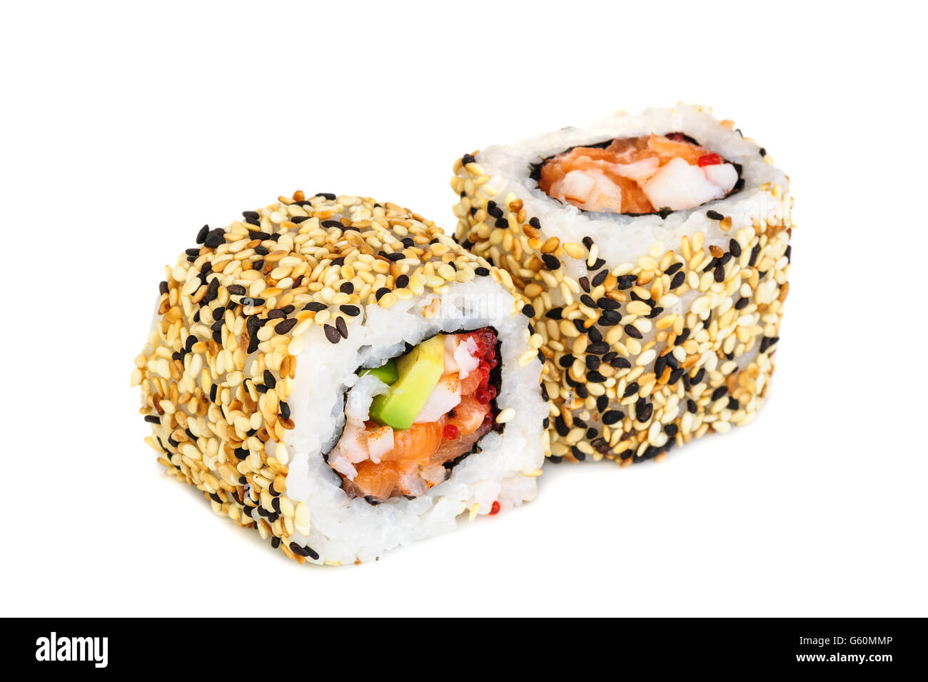 Uramaki maki sushi, two rolls isolated on white Stock Photo - Alamy