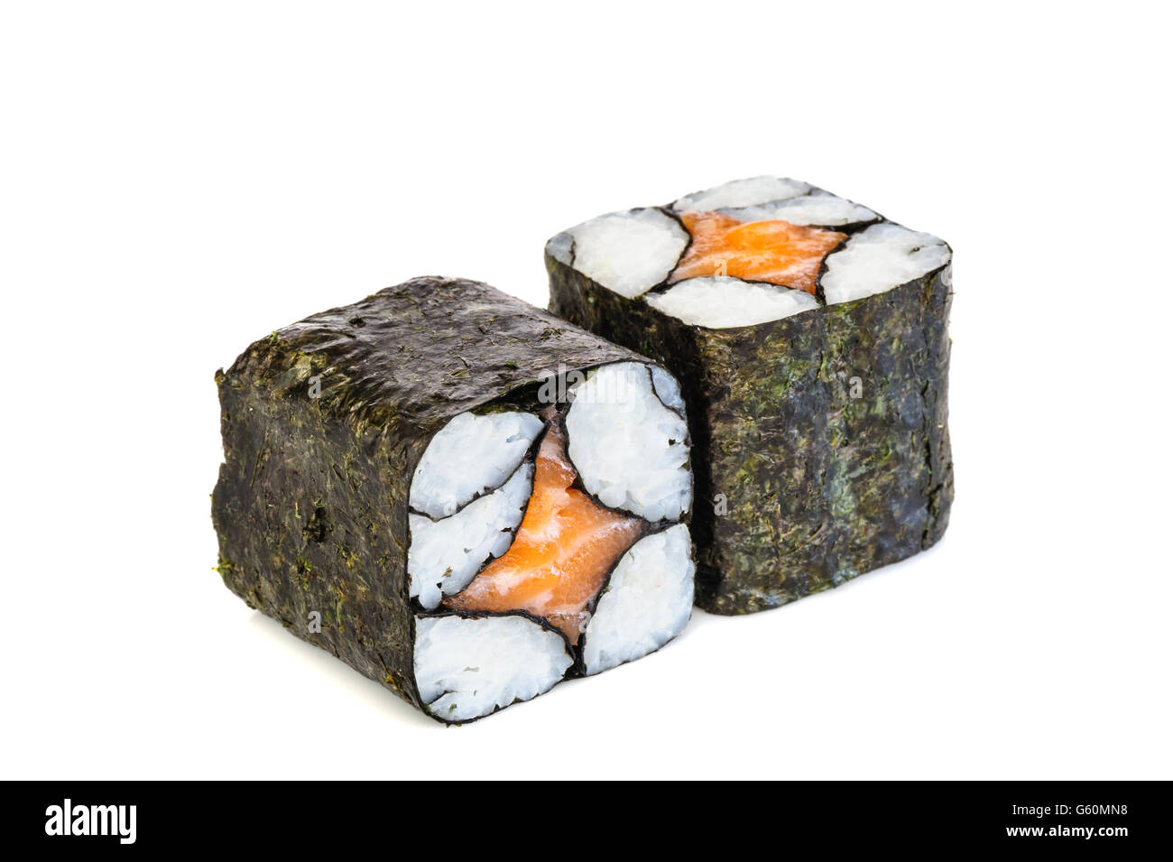 Simple sake maki sushi, two rolls isolated on white Stock Photo - Alamy