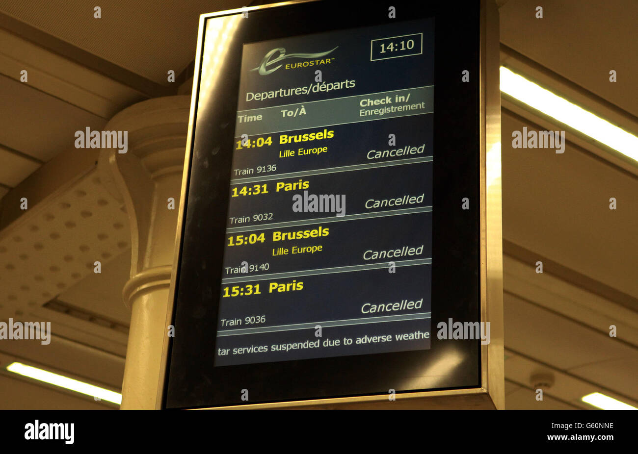 A departures board at Kings Cross showing all Eurostar trains have been ...