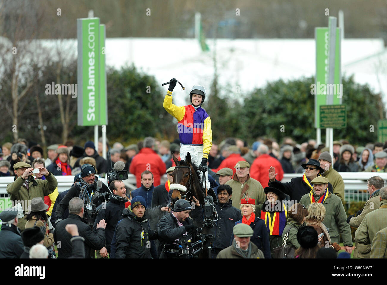 Brendan Powell celebrates on Golden Chieftain after winning the JLT ...