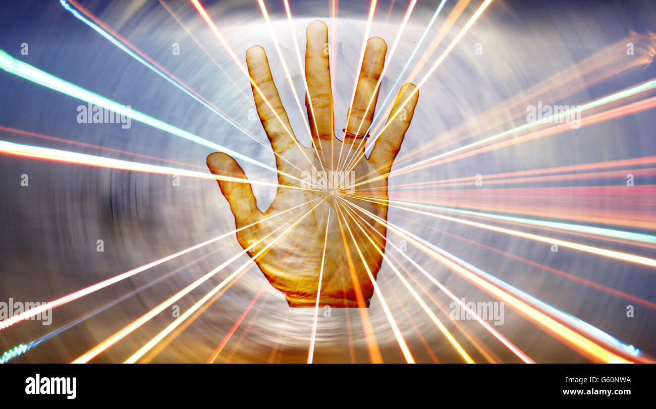A metaphorical background showing energies radiating from the hand of a ...
