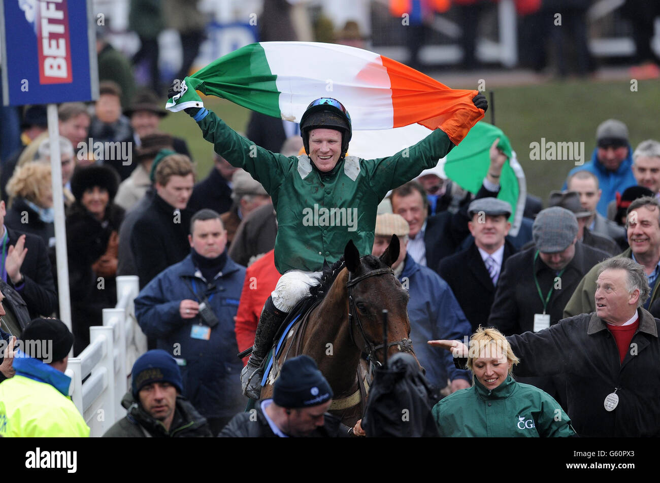 Mr C J Sweeney celebrates on Salsify after winning the CGA Foxhunter ...