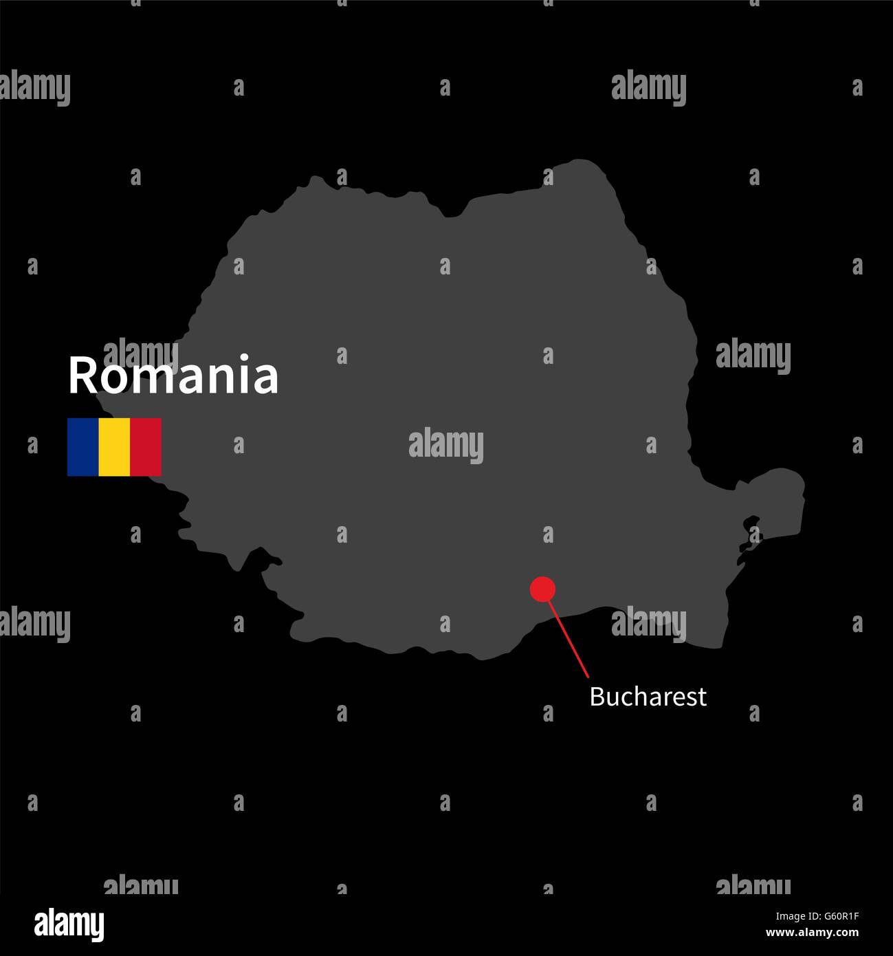 Detailed map of Romania and capital city Bucharest with flag on black ...