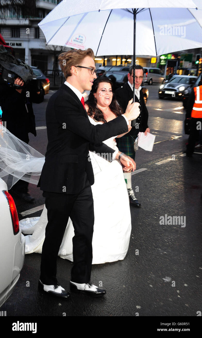 Bride Claire Gilchrist with Tom Fletcher arrives at her wedding to Ben ...