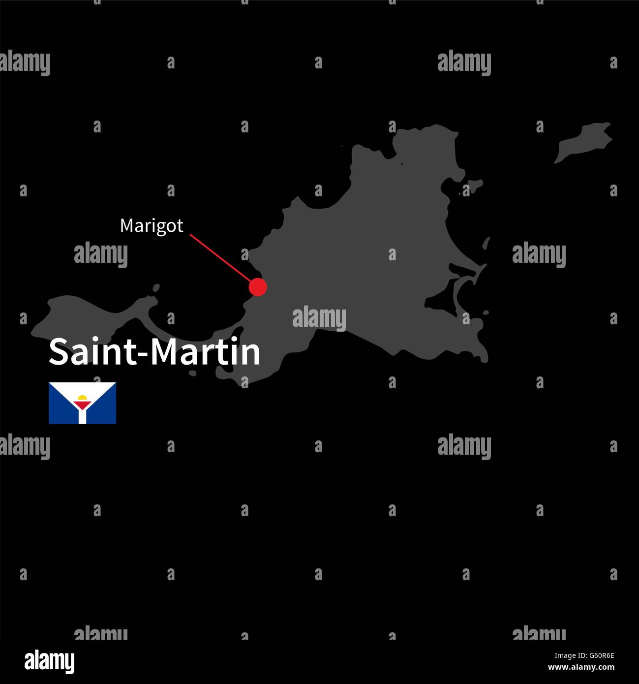 Detailed map of Saint-Martin and capital city Marigot with flag on ...