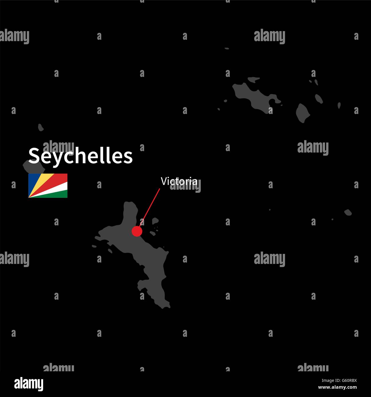 Detailed map of Seychelles and capital city Victoria with flag on black ...