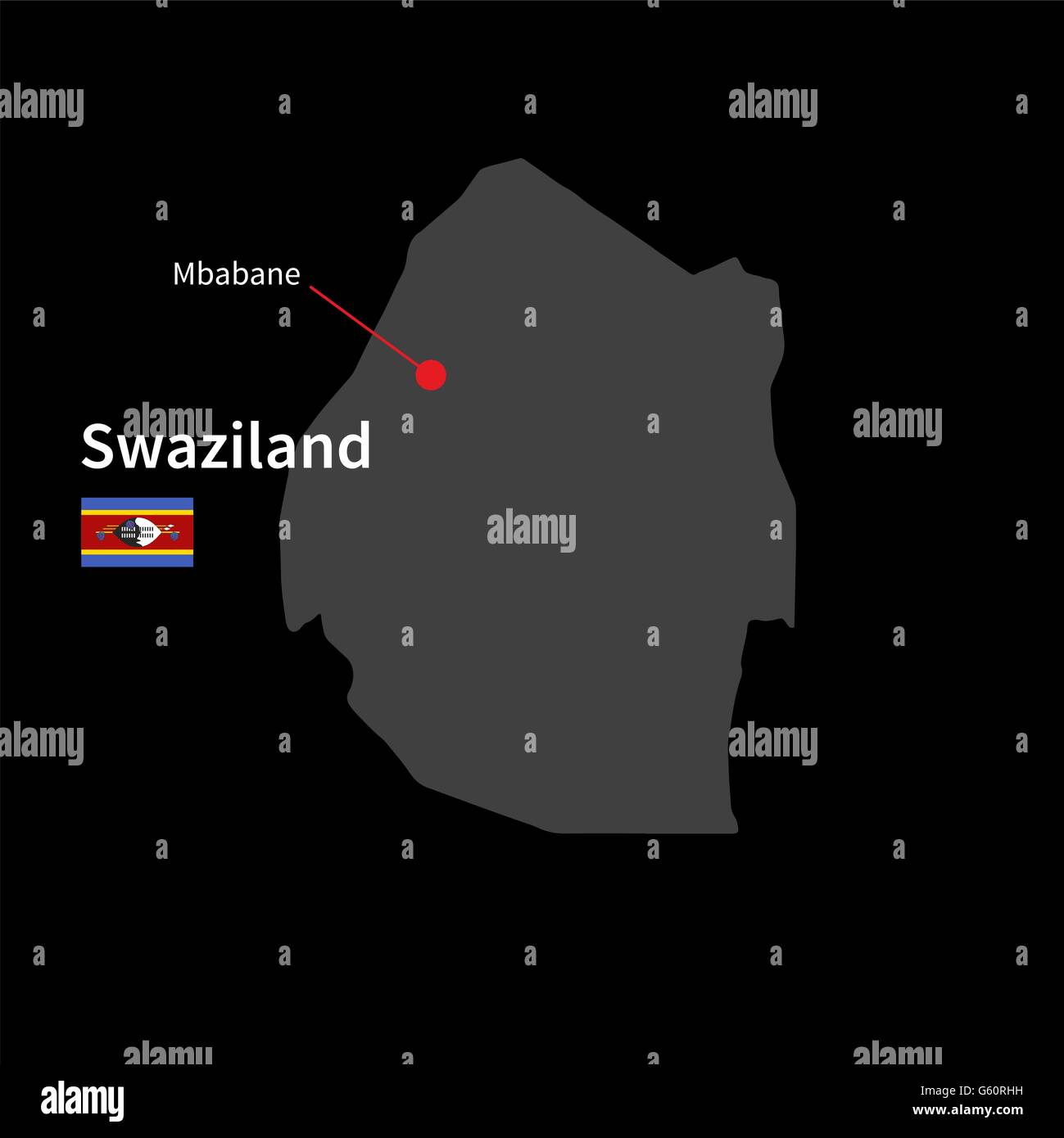 Detailed map of Swaziland and capital city Mbabane with flag on black ...