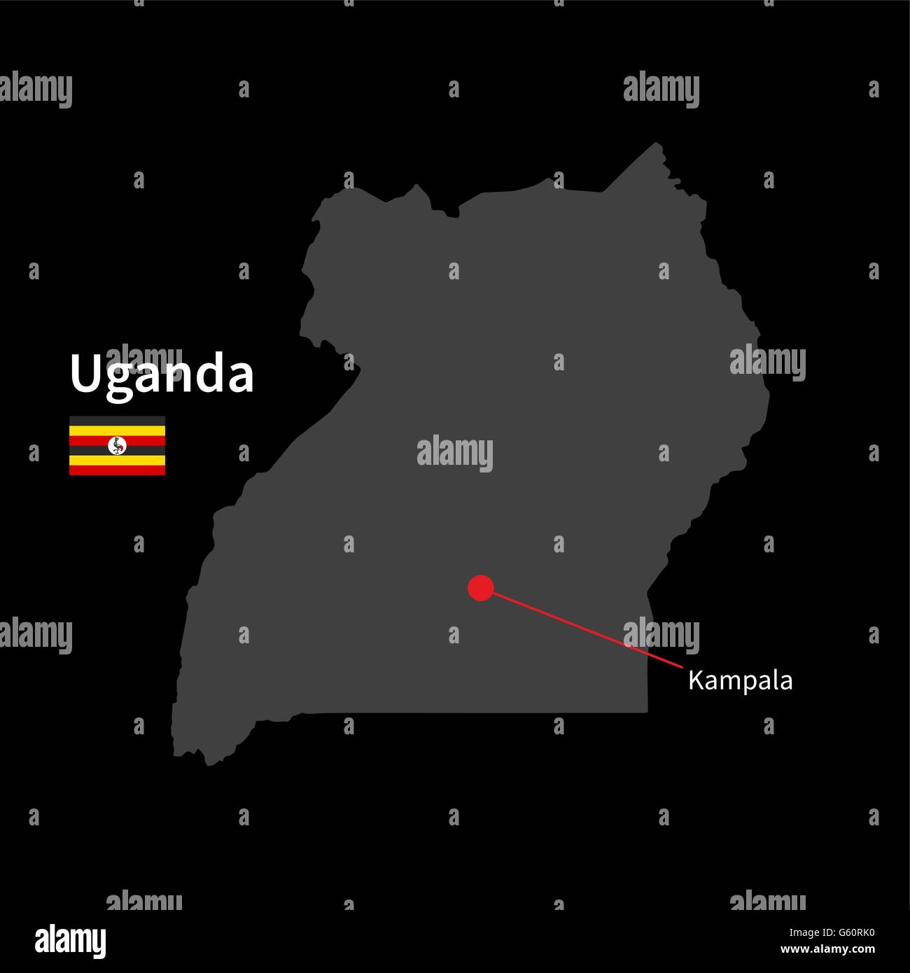 Detailed map of Uganda and capital city Kampala with flag on black ...
