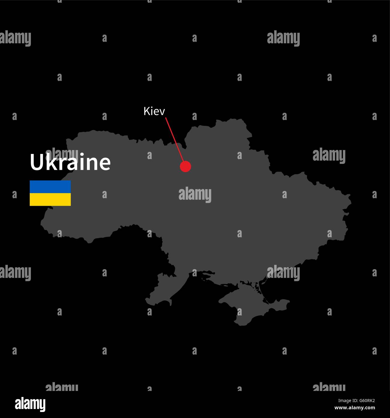Detailed map of Ukraine and capital city Kiev with flag on black ...
