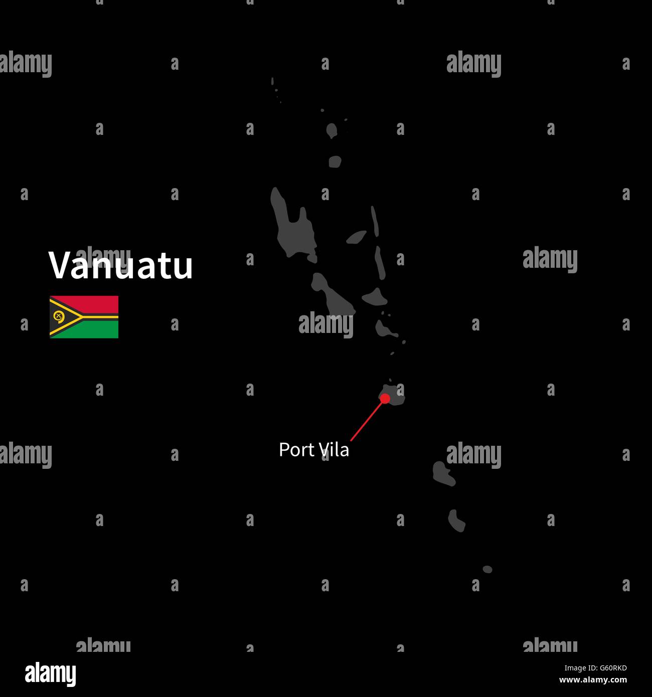 Detailed map of Vanuatu and capital city Port Vila with flag on black ...