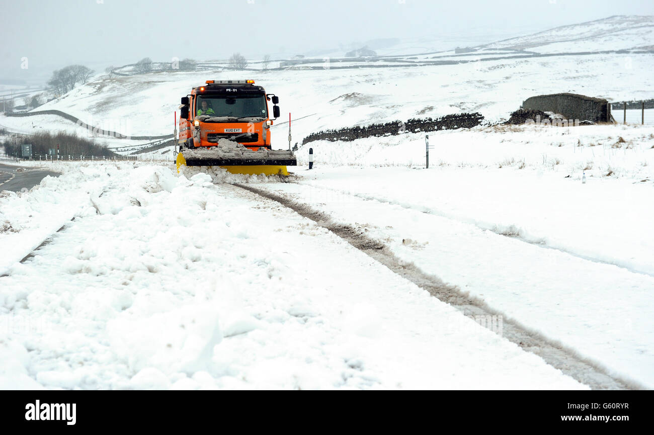 A snow plough clears the A66 near Bowes where the road was closed for ...