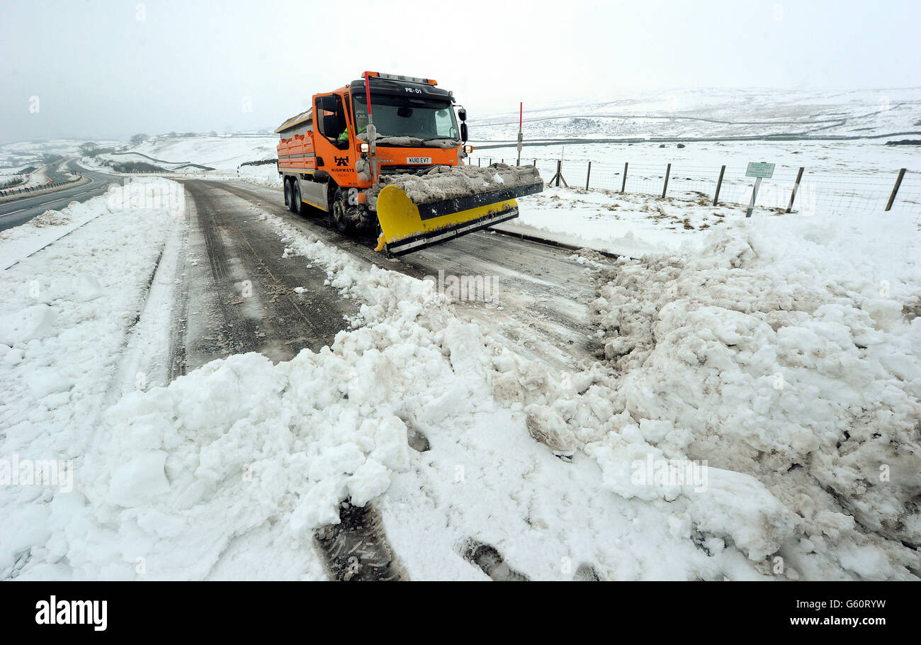 A snow plough clears the A66 near Bowes where the road was closed for ...