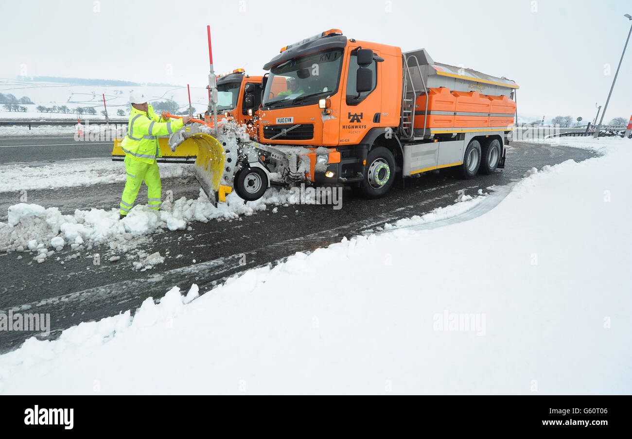 A snow plough clears the A66 near Bowes where the road was closed for ...